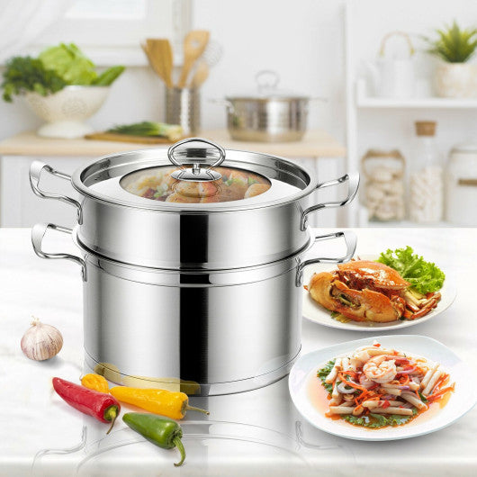 Costway 2 Tier Stainless Steel Steamer with Handles and Glass Lid ...