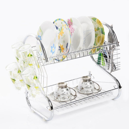 Costway 2 Tiers Kitchen Dish Cup Drying Rack Drainer Dryer Tray Cutler ...
