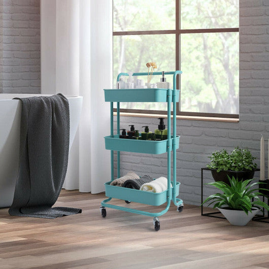 Costway 3-Tier Blue Utility Cart Storage Rolling Cart with Casters ...
