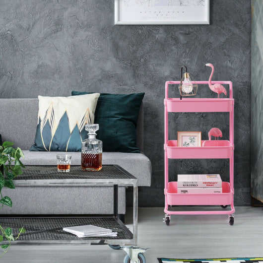Costway 3-Tier Pink Utility Cart Storage Rolling Cart with Casters ...