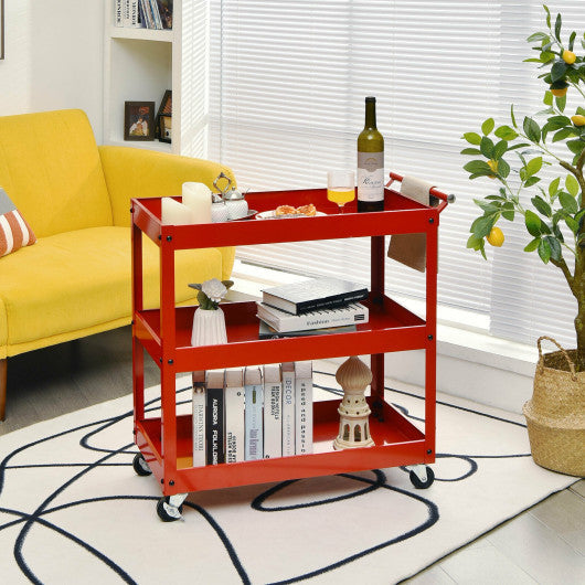 Costway 3-Tier Red Utility Cart Metal Mental Storage Service Trolley ...