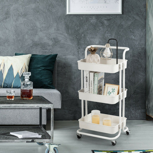 Costway 3-Tier White Utility Cart Storage Rolling Cart with Casters ...