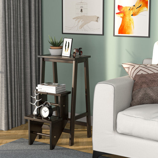 Costway 3-in-1 Brown Rubber Wood 3 Tier Folding Step Stool Ladder Stor ...