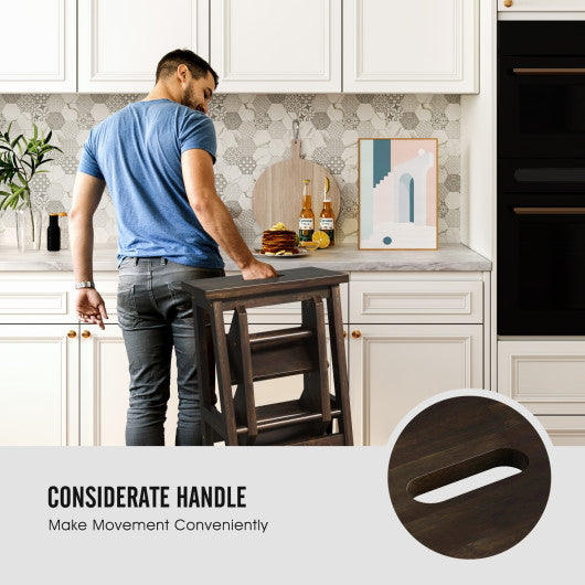 Costway 3-in-1 Brown Rubber Wood Step Stool with Convenient Handle ...