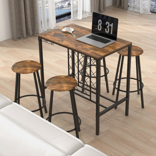 Costway 5 Pieces Rustic Brown Bar Table and Stools Set with Wine Rack ...