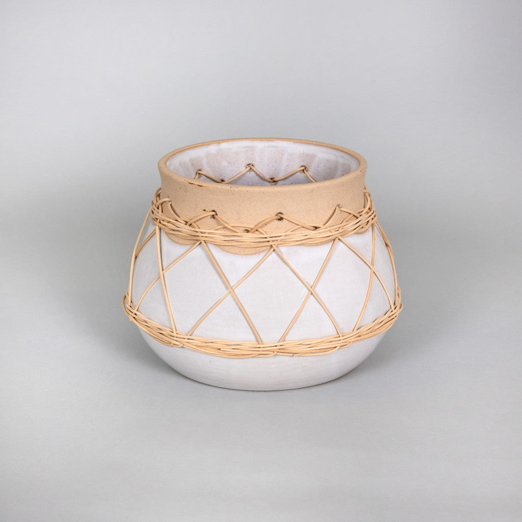 HomeRoots White Stone and Rattan Detail Planter – Kitchen Oasis