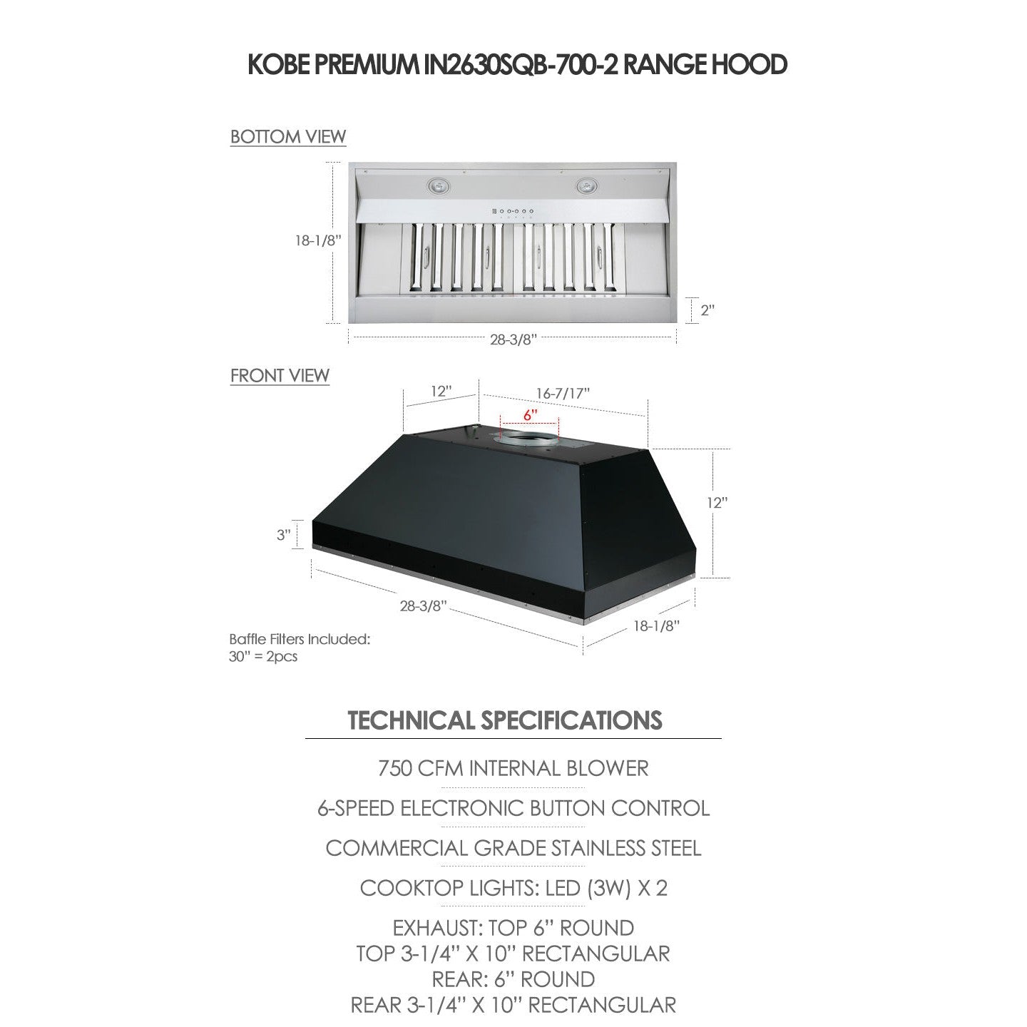 KOBE Premium IN26 SQB-700-X Series 30" Insert or Built-in Range Hood W ...