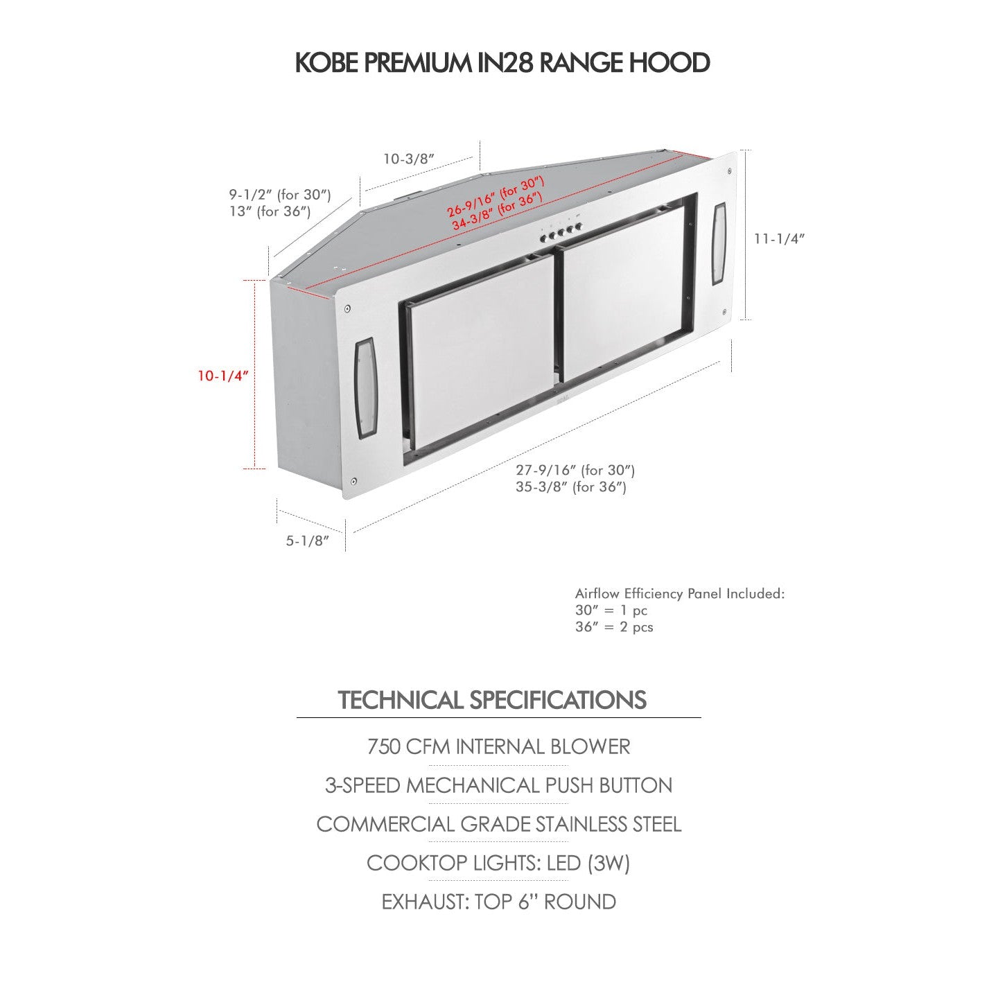 KOBE Premium IN28 SQP-XX Series 30" Insert or Built-in Range Hood With ...