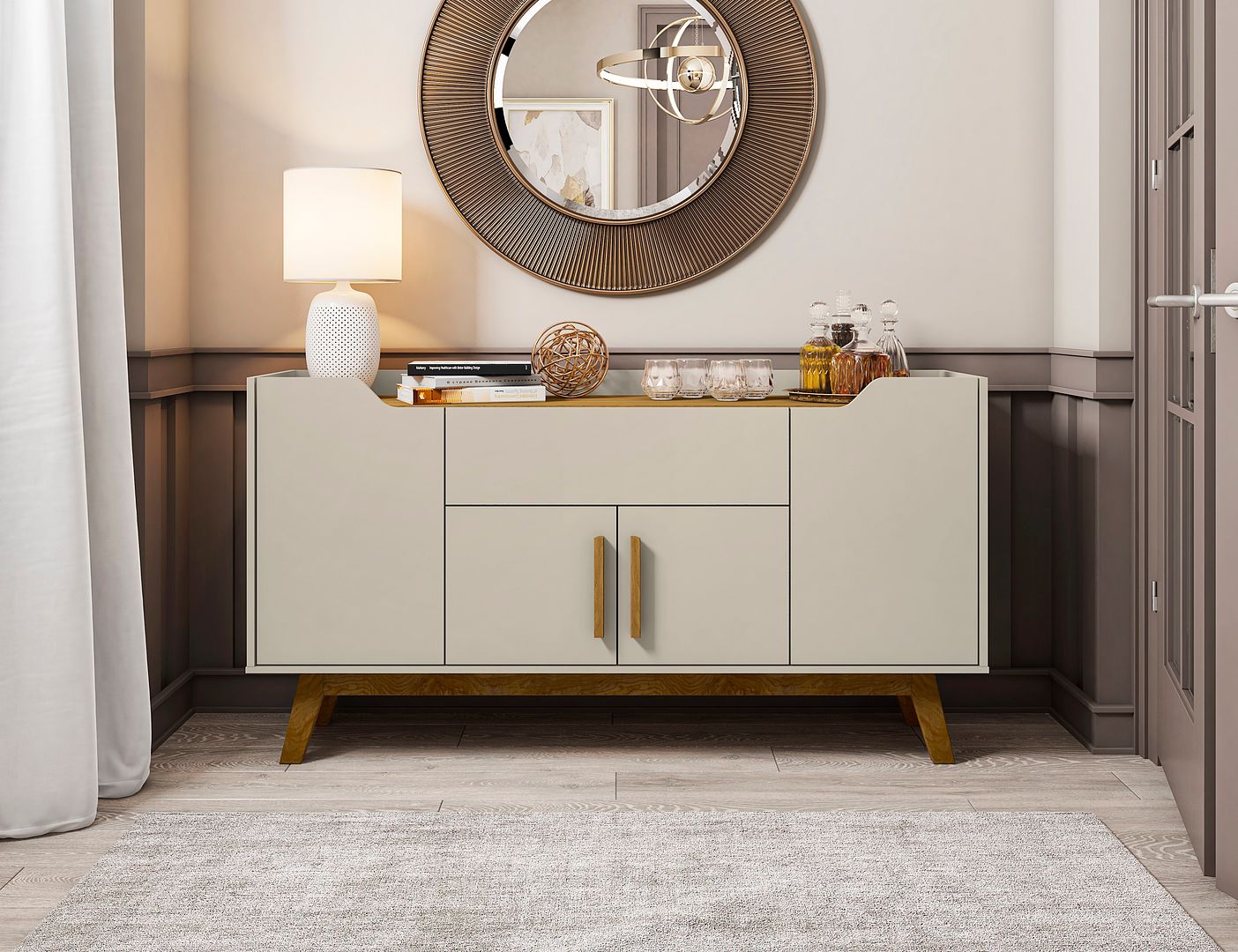 Manhattan Comfort Addie 54" Sideboard With 5 Shelves In Off White & Ci – Kitchen Oasis