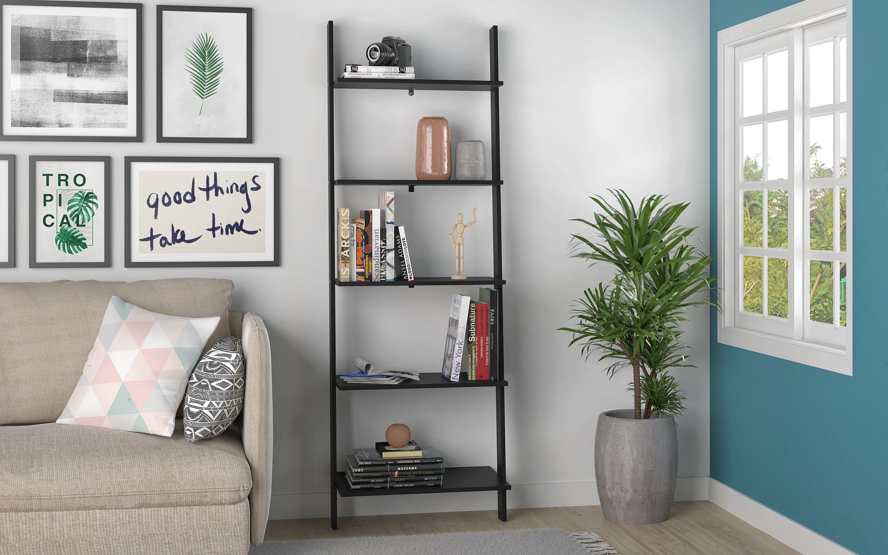 Manhattan Comfort Cooper 5-Shelf Floating Ladder Bookcase Cabinet In B – Kitchen Oasis