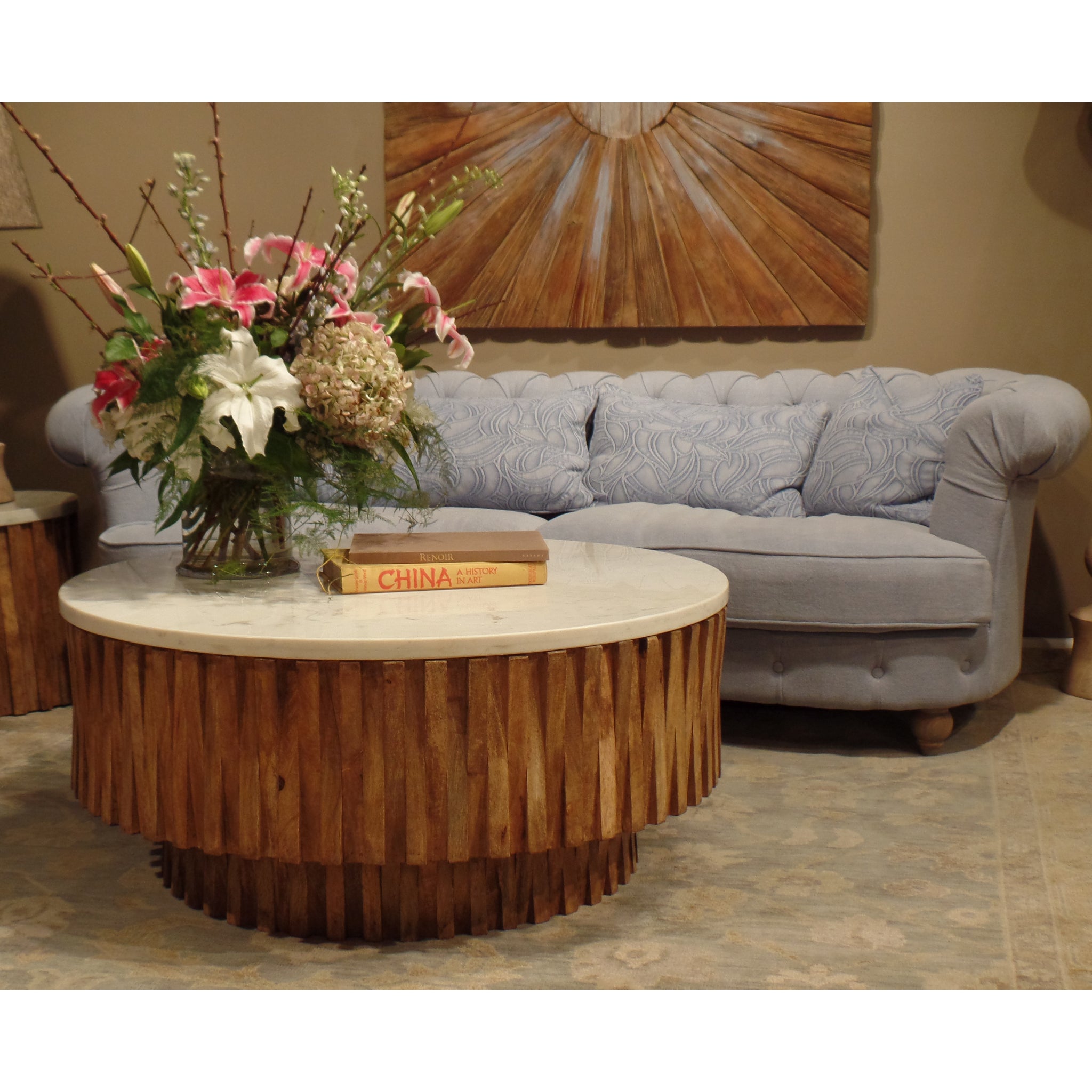 Meva Orlando 42" Natural Solid Acacia Wood Cocktail Table With Marble ...