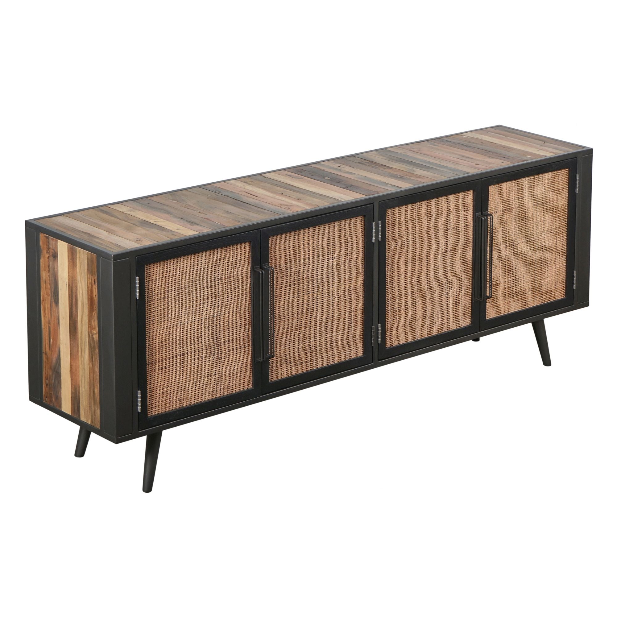 NovaSolo Nordic Rattan 79" Natural Boat Wood Buffet With 4 Doors & Rat ...