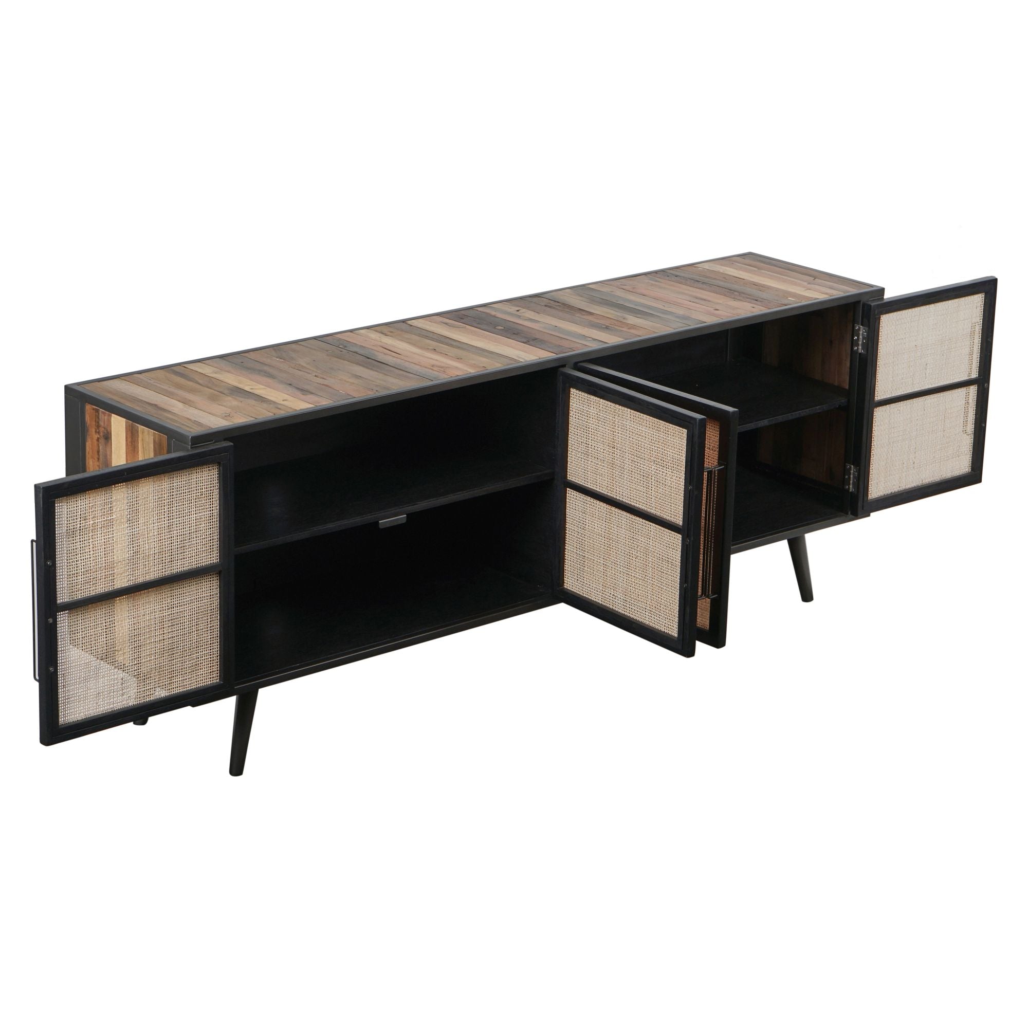 NovaSolo Nordic Rattan 79" Natural Boat Wood Buffet With 4 Doors & Rat ...