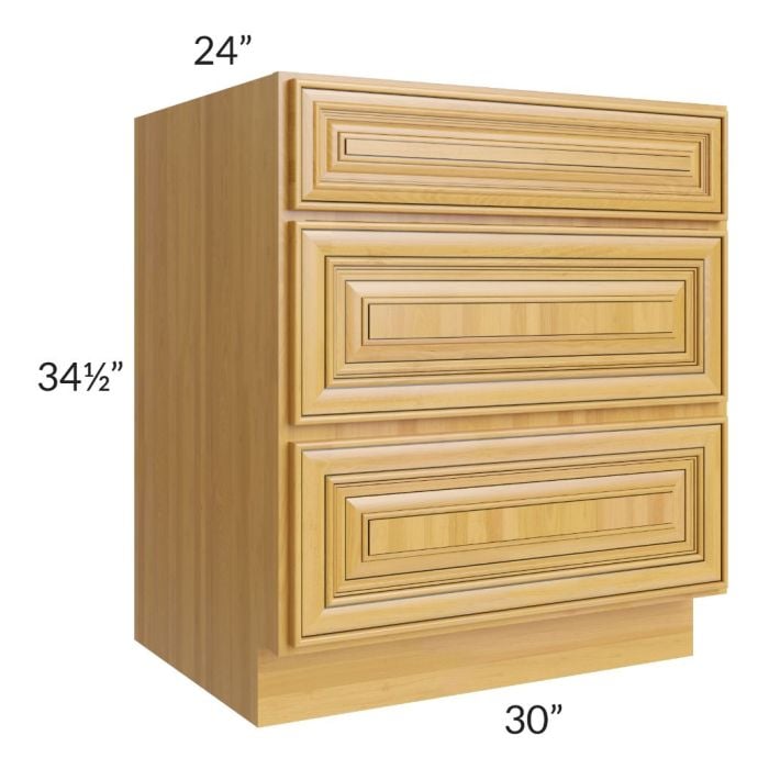 RTA Glazed Praline 30" 3-Drawer Base Cabinet with 1 Decorative End Pan ...