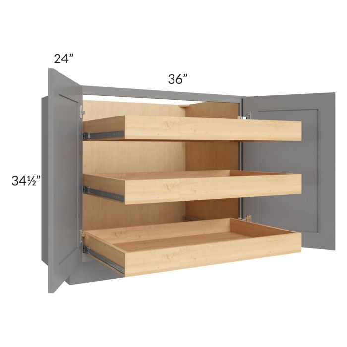 RTA Graphite Grey Shaker 36" Full Height Base Cabinet with 3 Rollout T ...