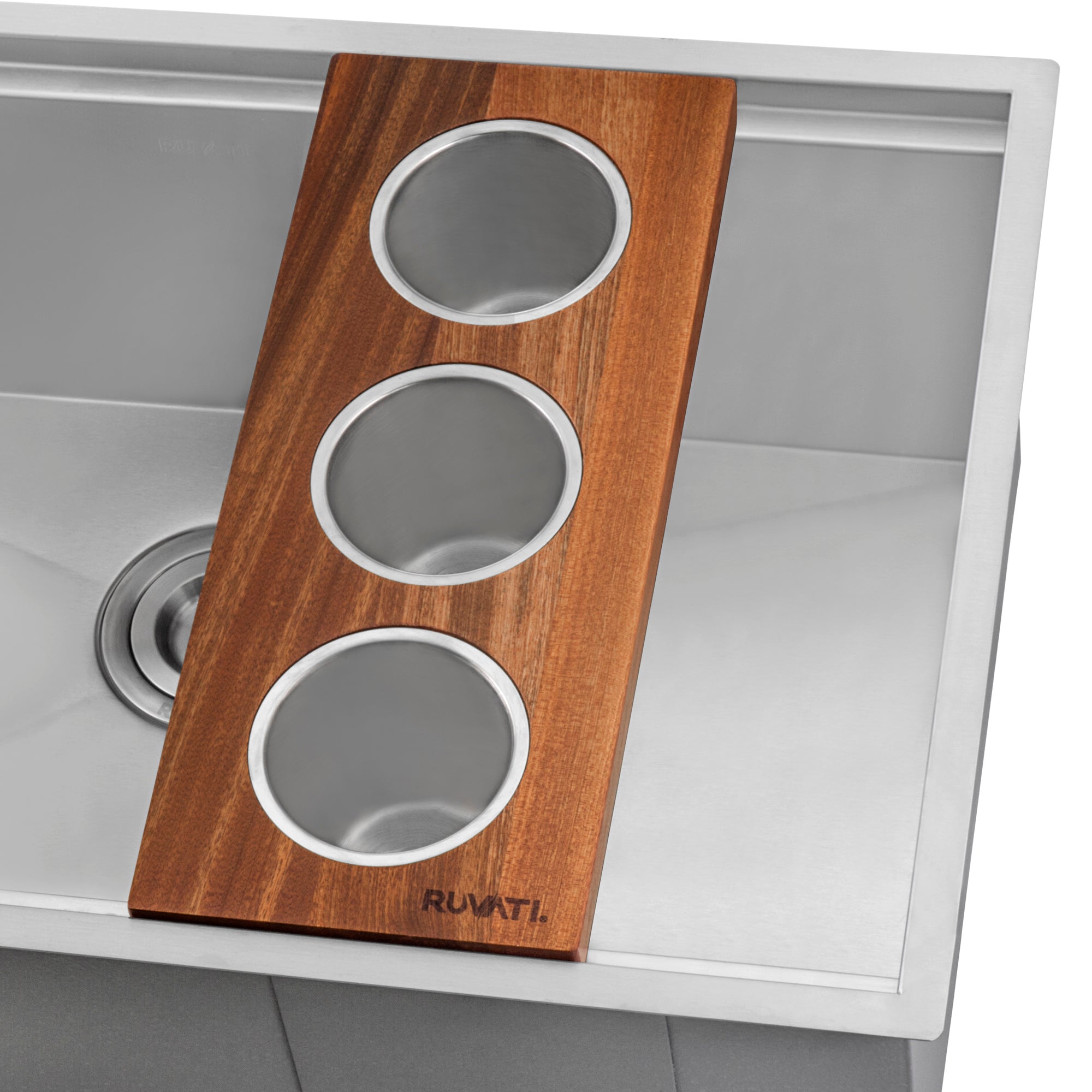 Ruvati 7" Three Wooden and Stainless Steel Condiment Bowl Tray Kitchen ...