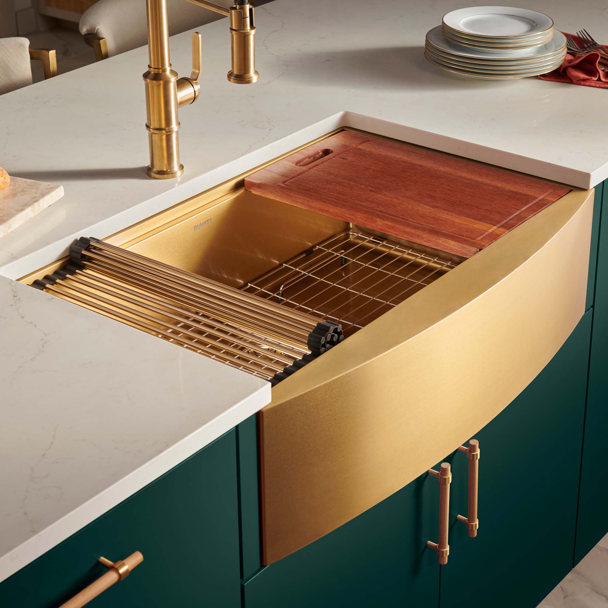 Ruvati Monaco 36" Matte Gold Apron-Front Workstation Kitchen Sink ...